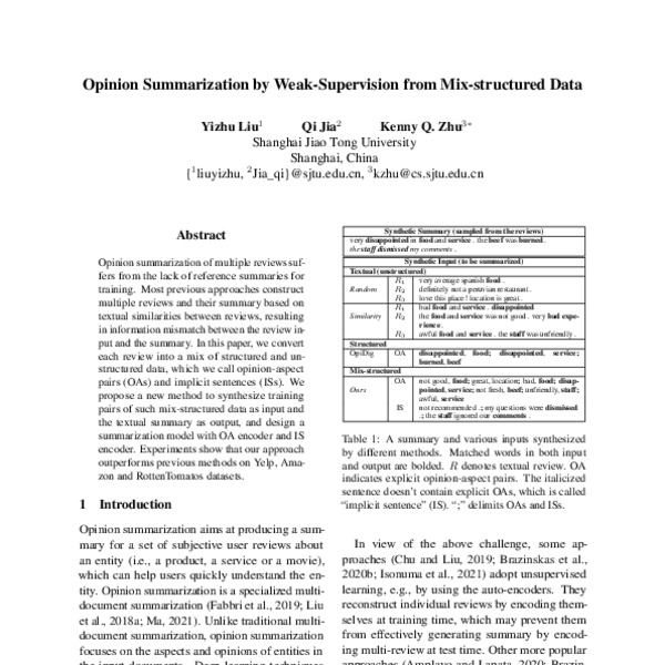 Opinion Summarization by Weak-Supervision from Mix-structured Data - ACL Anthology