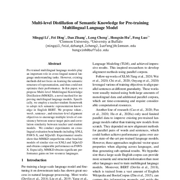Multi-level Distillation of Semantic Knowledge for Pre-training Multilingual Language Model ...
