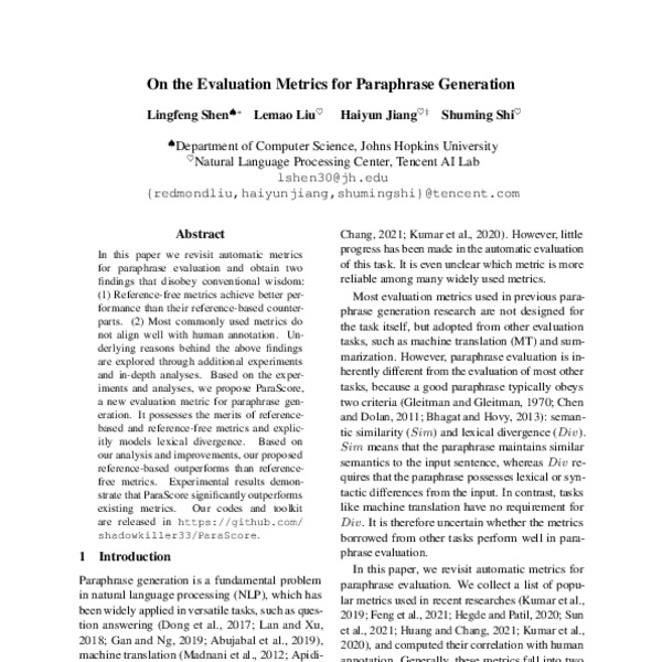 On the Evaluation Metrics for Paraphrase Generation - ACL Anthology