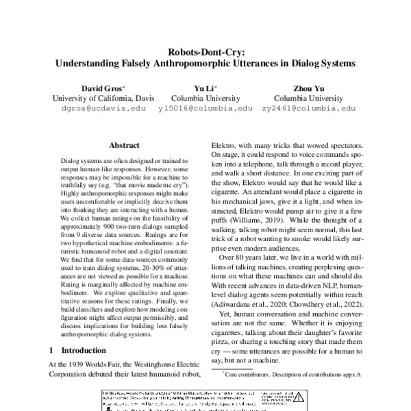 Robots-Dont-Cry: Understanding Falsely Anthropomorphic Utterances in Dialog Systems - ACL Anthology