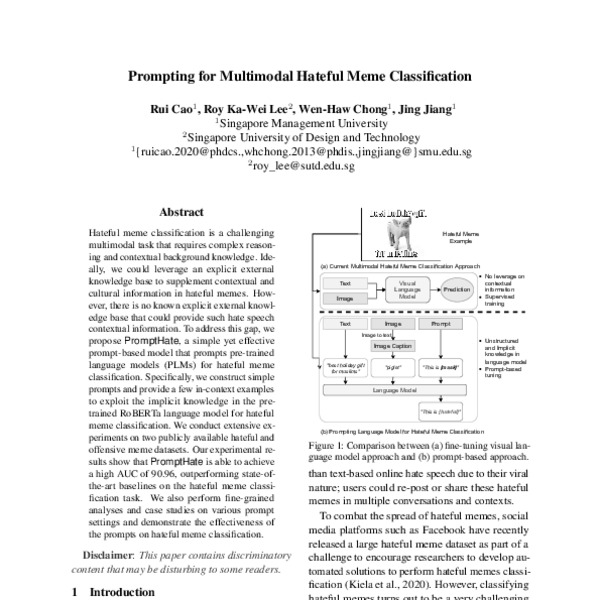 Prompting for Multimodal Hateful Meme Classification - ACL Anthology
