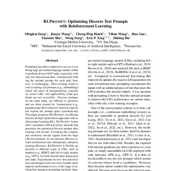 Rlprompt Optimizing Discrete Text Prompts With Reinforcement Learning