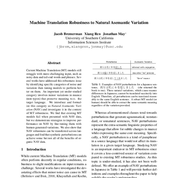 Machine Translation Robustness to Natural Asemantic Variation - ACL ...