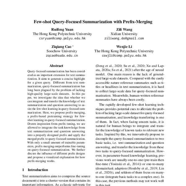 Few-shot Query-Focused Summarization with Prefix-Merging - ACL Anthology