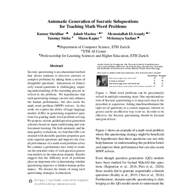 Automatic Generation of Socratic Subquestions for Teaching Math Word Problems - ACL Anthology
