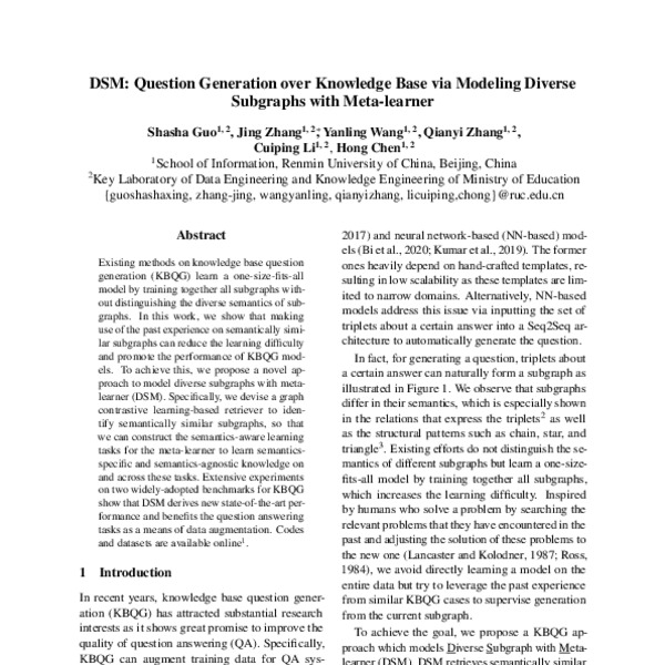 DSM: Question Generation over Knowledge Base via Modeling Diverse Subgraphs with Meta-learner ...