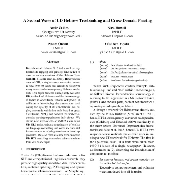 A Second Wave of UD Hebrew Treebanking and Cross-Domain Parsing - ACL Anthology