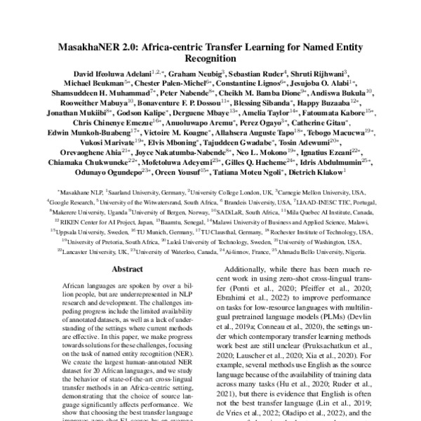 MasakhaNER 2.0: Africa-centric Transfer Learning for Named Entity Recognition - ACL Anthology