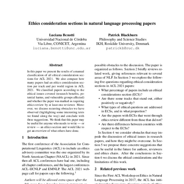 Ethics consideration sections in natural language processing papers - ACL Anthology