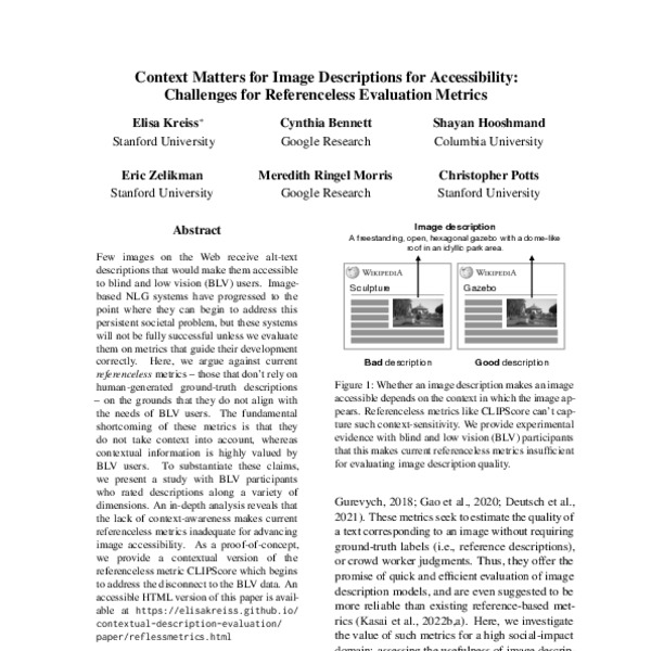 Context Matters for Image Descriptions for Accessibility: Challenges for Referenceless ...