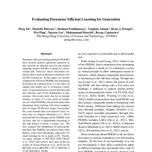 Evaluating Parameter Efficient Learning For Generation Acl Anthology