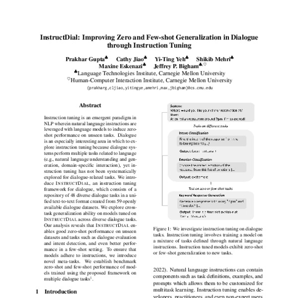 InstructDial: Improving Zero and Few-shot Generalization in Dialogue through Instruction Tuning ...