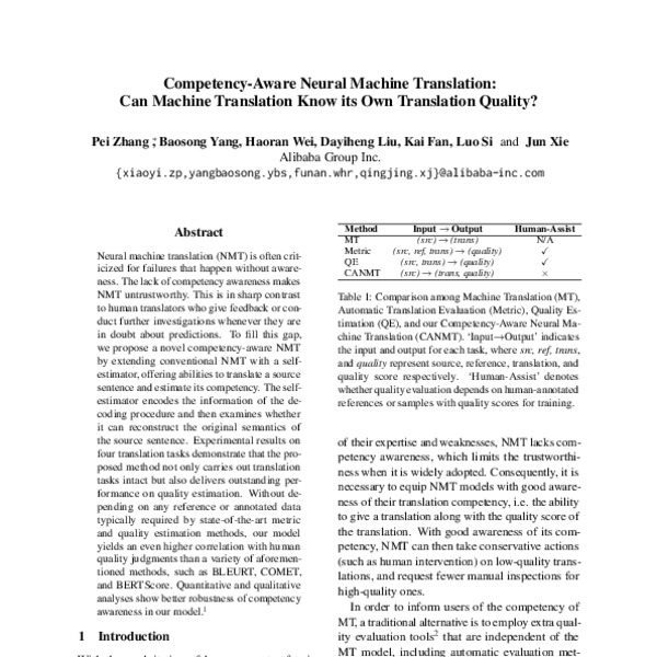 Competency-Aware Neural Machine Translation: Can Machine Translation Know its Own Translation ...