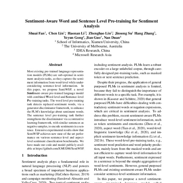 Sentiment-Aware Word and Sentence Level Pre-training for Sentiment Analysis - ACL Anthology