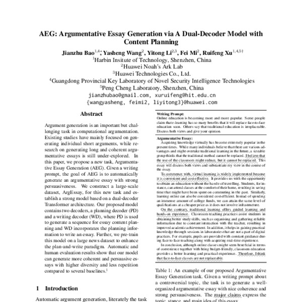 AEG: Argumentative Essay Generation via A Dual-Decoder Model with Content Planning - ACL Anthology