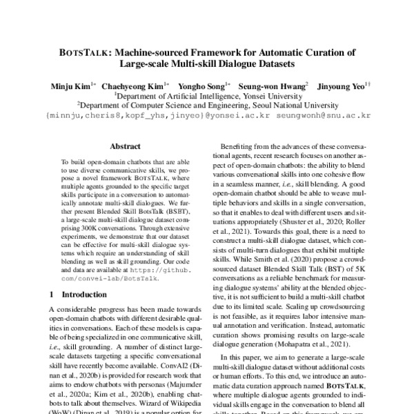 BotsTalk: Machine-sourced Framework for Automatic Curation of Large-scale Multi-skill Dialogue ...