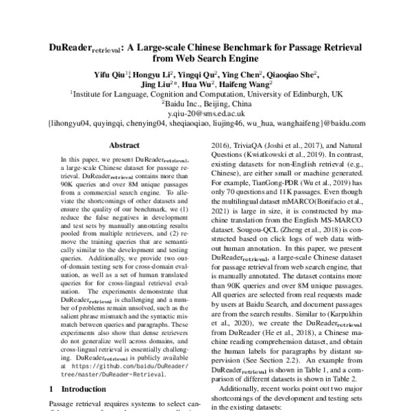 DuReader-Retrieval: A Large-scale Chinese Benchmark for Passage Retrieval from Web Search Engine ...