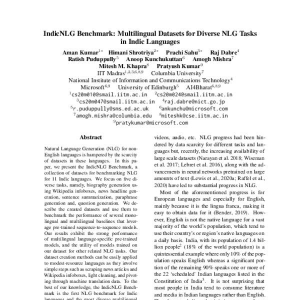 IndicNLG Benchmark: Multilingual Datasets for Diverse NLG Tasks in ...