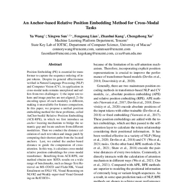 An Anchor Based Relative Position Embedding Method For Cross Modal