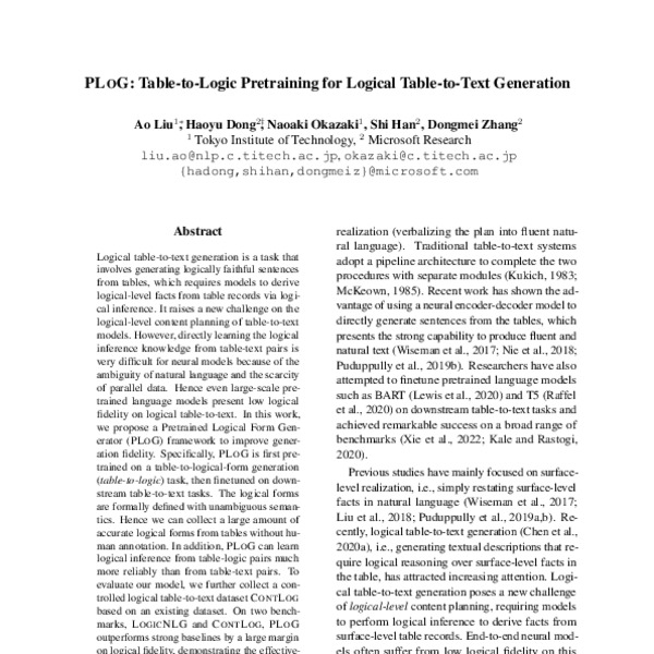 PLOG: Table-to-Logic Pretraining for Logical Table-to-Text Generation - ACL Anthology