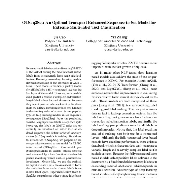 OTSeq2Set: An Optimal Transport Enhanced Sequence-to-Set Model for Extreme Multi-label Text ...