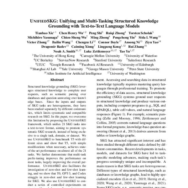 UnifiedSKG: Unifying and Multi-Tasking Structured Knowledge Grounding with Text-to-Text Language ...