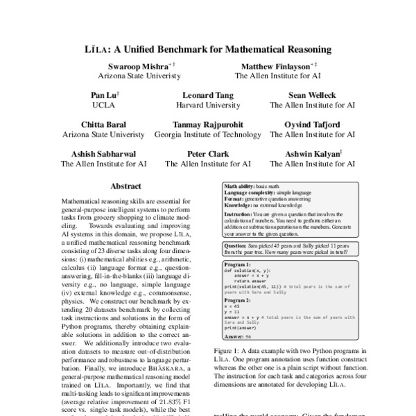 LILA: A Unified Benchmark for Mathematical Reasoning - ACL Anthology