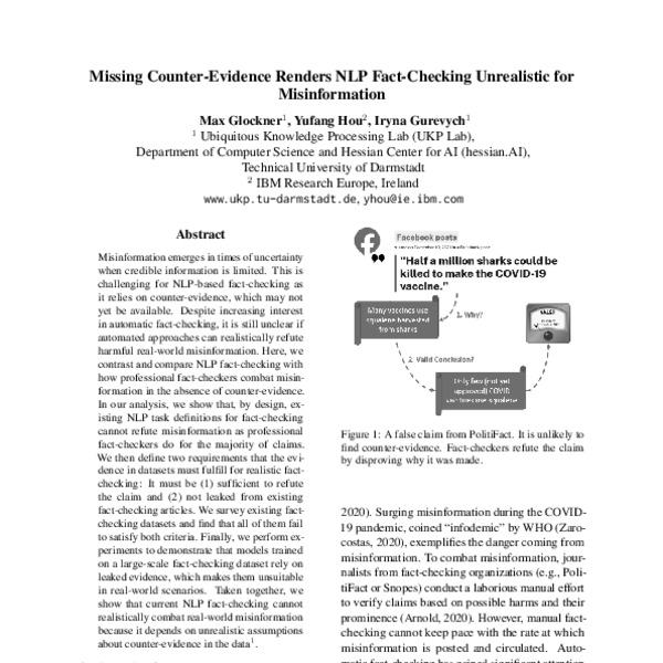 Missing Counter-Evidence Renders NLP Fact-Checking Unrealistic for Misinformation - ACL Anthology