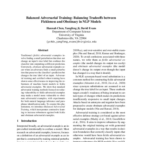 Balanced Adversarial Training: Balancing Tradeoffs between Fickleness and Obstinacy in NLP ...