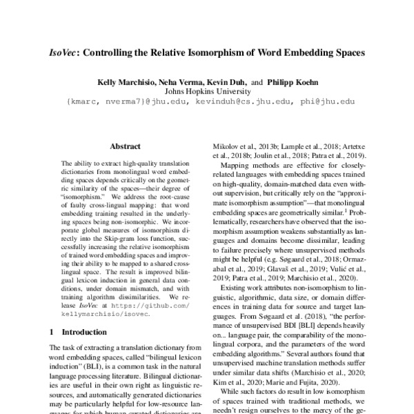IsoVec: Controlling the Relative Isomorphism of Word Embedding Spaces - ACL Anthology