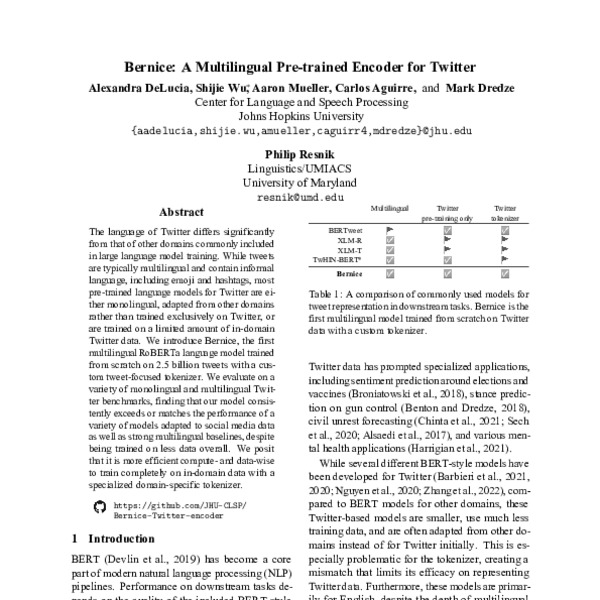 Bernice: A Multilingual Pre-trained Encoder for Twitter - ACL Anthology