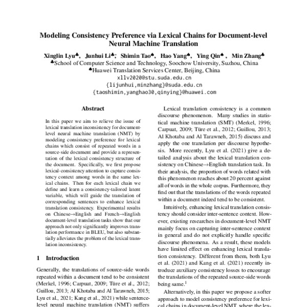 Modeling Consistency Preference via Lexical Chains for Document-level Neural Machine Translation ...