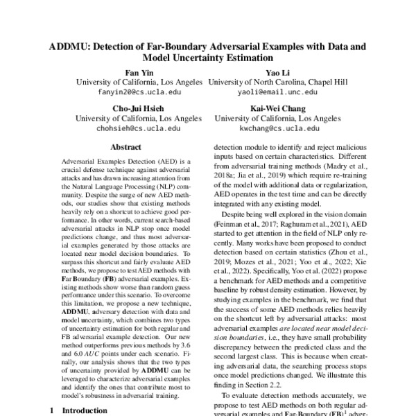 ADDMU: Detection of Far-Boundary Adversarial Examples with Data and Model Uncertainty Estimation ...