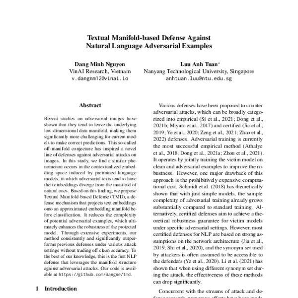 Textual Manifold Based Defense Against Natural Language Adversarial Examples Acl Anthology