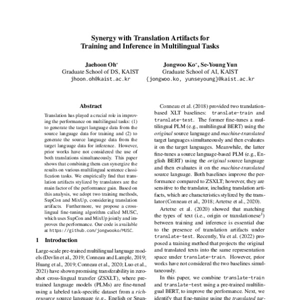 Synergy with Translation Artifacts for Training and Inference in Multilingual Tasks - ACL Anthology