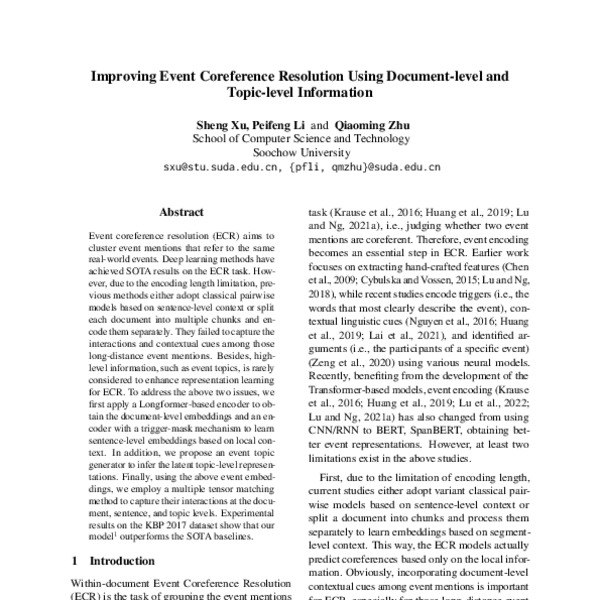 Improving Event Coreference Resolution Using Document Level And Topic