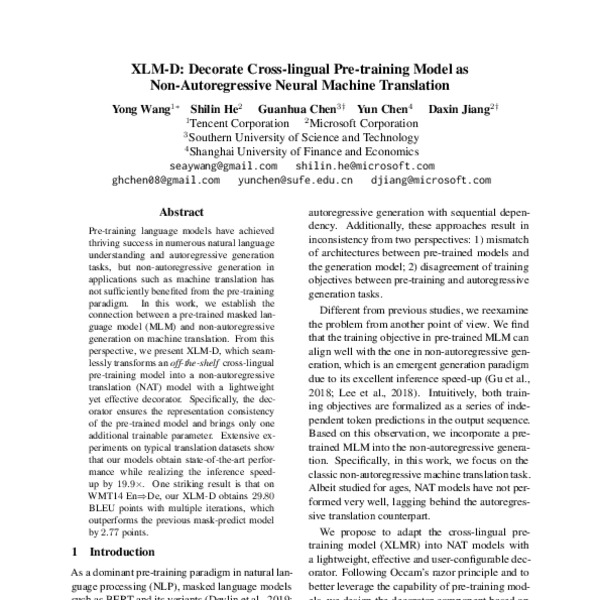 XLM-D: Decorate Cross-lingual Pre-training Model as Non-Autoregressive Neural Machine ...