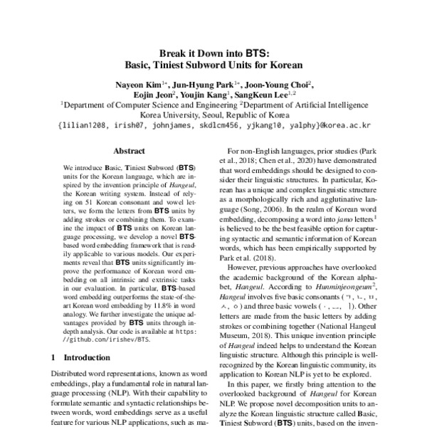 Break it Down into BTS: Basic, Tiniest Subword Units for Korean - ACL ...