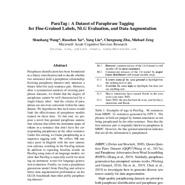ParaTag: A Dataset of Paraphrase Tagging for Fine-Grained Labels, NLG Evaluation, and Data ...
