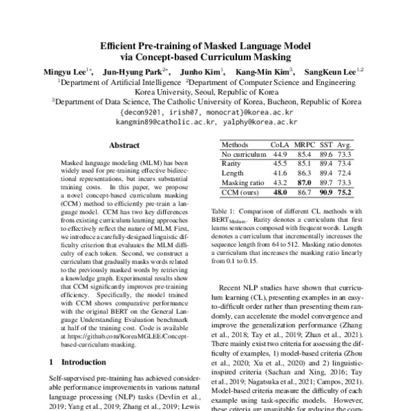 Efficient Pre Training Of Masked Language Model Via Concept Based Curriculum Masking Acl Anthology