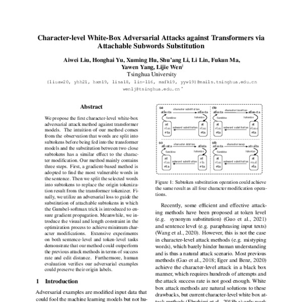 Character-level White-Box Adversarial Attacks against Transformers via Attachable Subwords ...