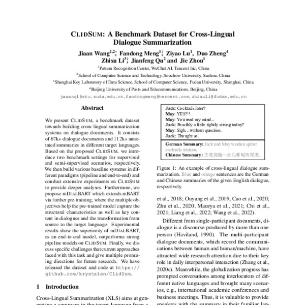 ClidSum: A Benchmark Dataset for Cross-Lingual Dialogue Summarization - ACL Anthology