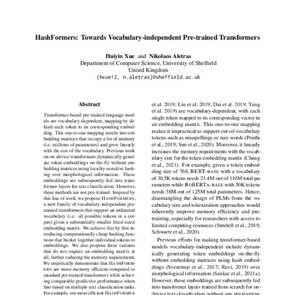 HashFormers: Towards Vocabulary-independent Pre-trained Transformers - ACL Anthology