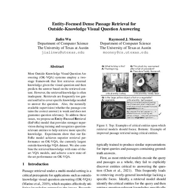 Entity-Focused Dense Passage Retrieval for Outside-Knowledge Visual Question Answering - ACL ...