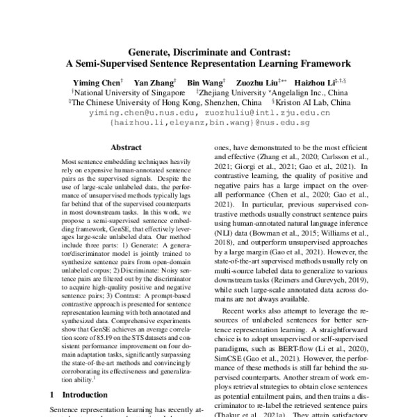 Generate, Discriminate and Contrast: A Semi-Supervised Sentence Representation Learning ...