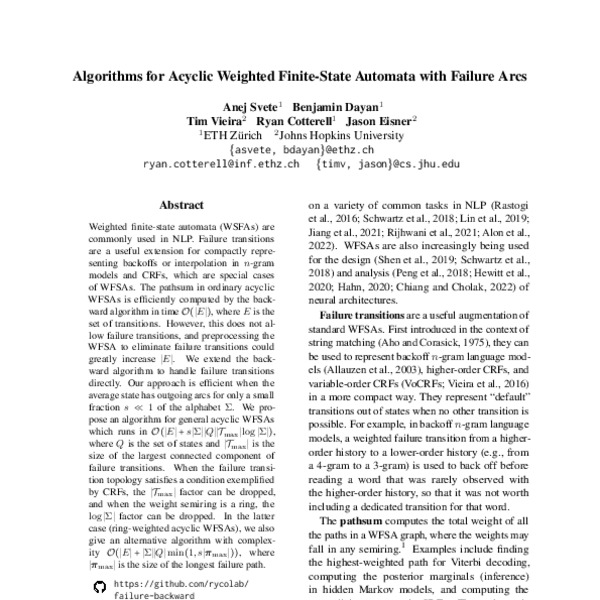 Algorithms for Acyclic Weighted Finite-State Automata with Failure Arcs - ACL Anthology