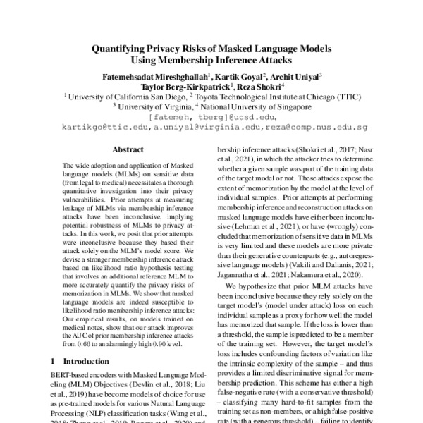 Quantifying Privacy Risks Of Masked Language Models Using Membership Inference Attacks Acl