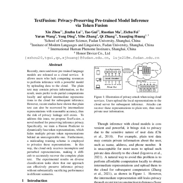 TextFusion: Privacy-Preserving Pre-trained Model Inference via Token Fusion - ACL Anthology