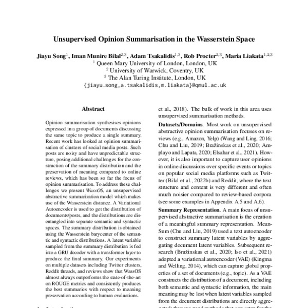 Unsupervised Opinion Summarisation in the Wasserstein Space - ACL Anthology