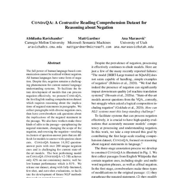CONDAQA: A Contrastive Reading Comprehension Dataset for Reasoning about Negation - ACL Anthology